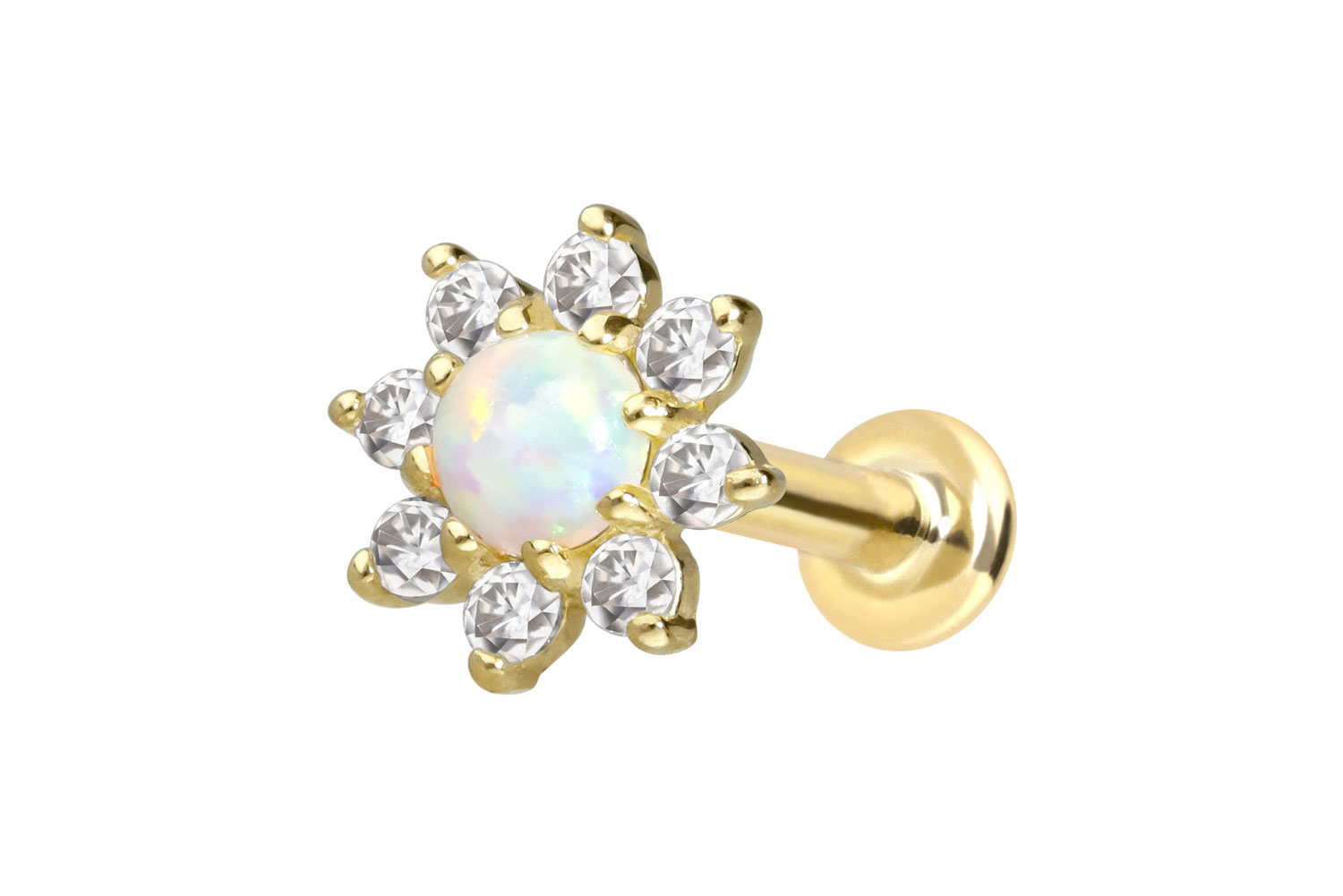 14 Karat Gold Labret mit Push Fit MOISSANIT-BLUME + SYNTHETISCHER OPAL